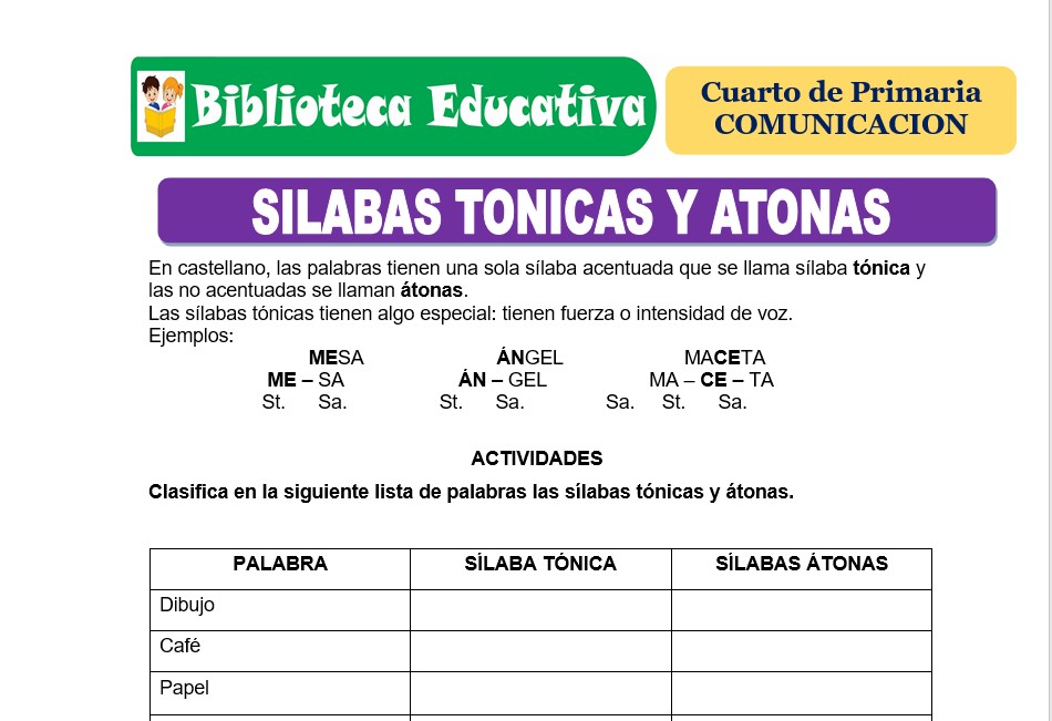 Las sílabas tónicas y átonas para Cuarto de Primaria – Biblioteca Educativa